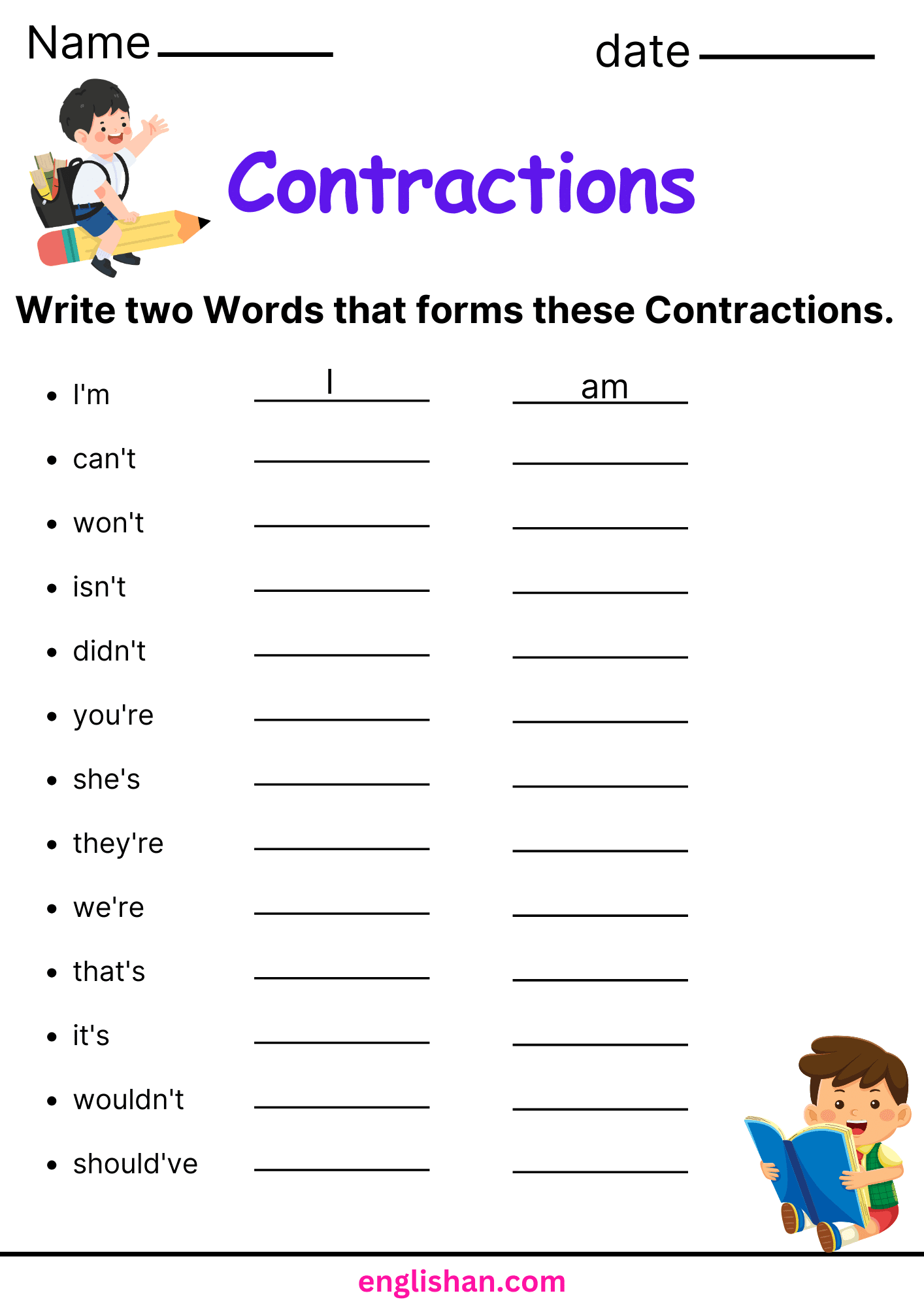 Contractions Worksheets and Exercises with Answers