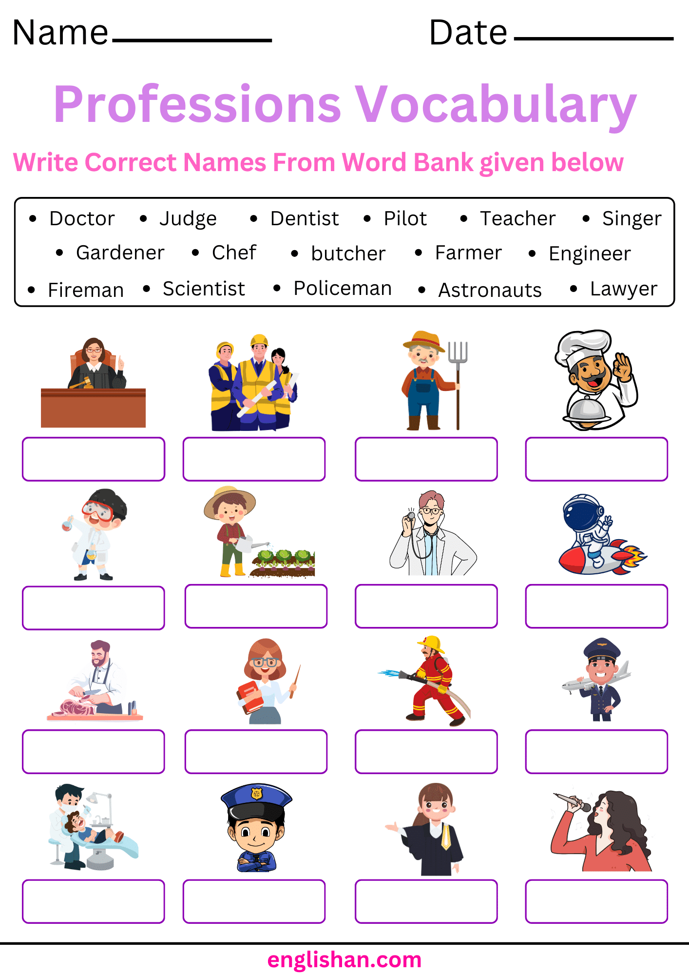 Professions Vocabulary Worksheet and Exercises