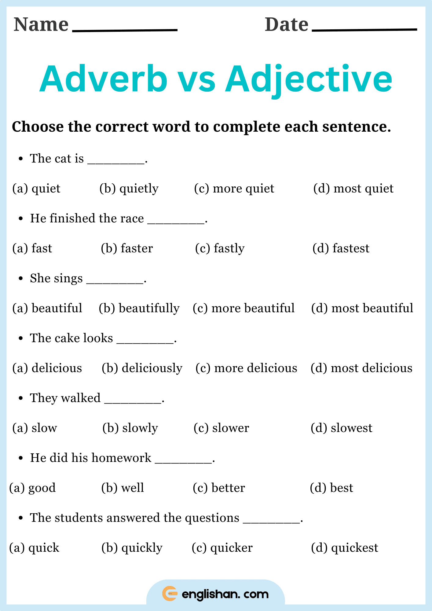 Adverb vs Adjective Worksheets with Answers