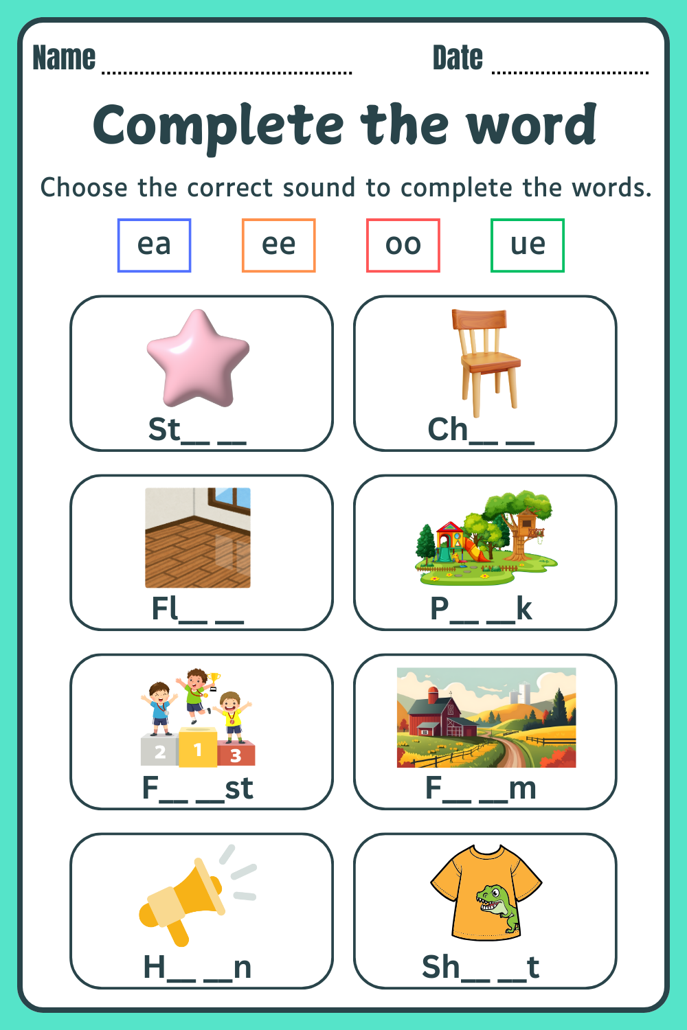 Complete the Words Using Vowel Sounds Worksheets PDF