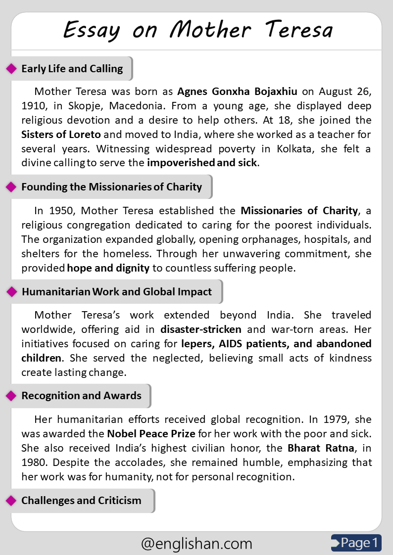 Mother Teresa Essay – 10 Lines, 250 Words, and 500 Words