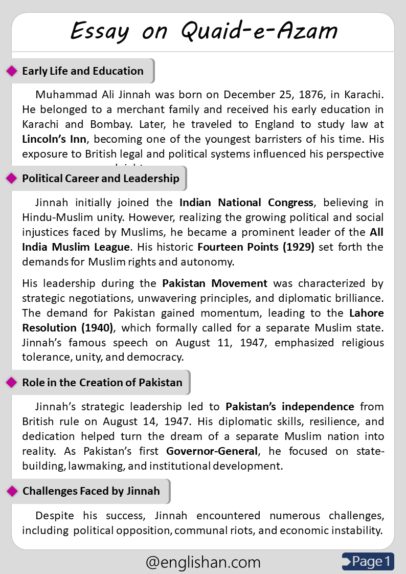 Quaid-e-Azam Muhammad Ali Jinnah Essay with Free PDF