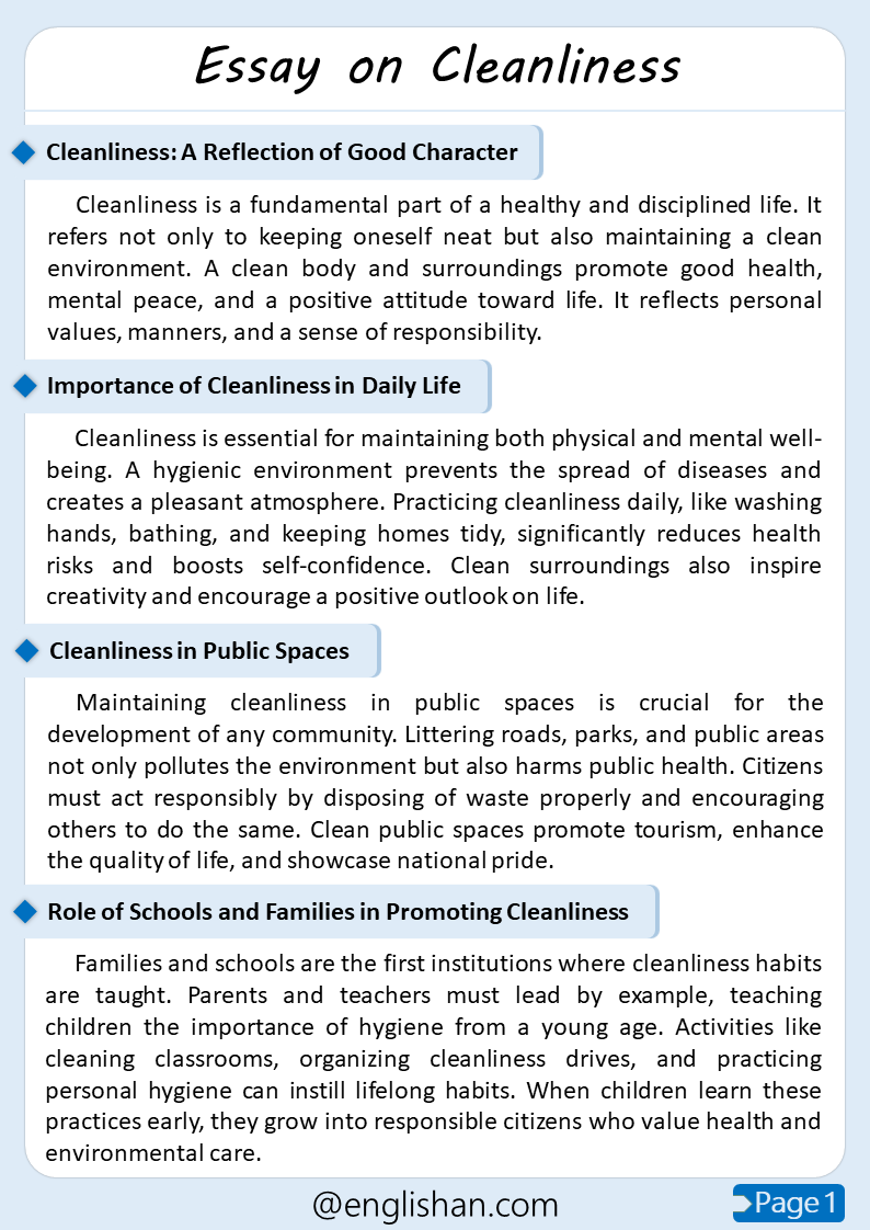 Cleanliness Essay – 10 Lines, 250 Words, and 500 Words