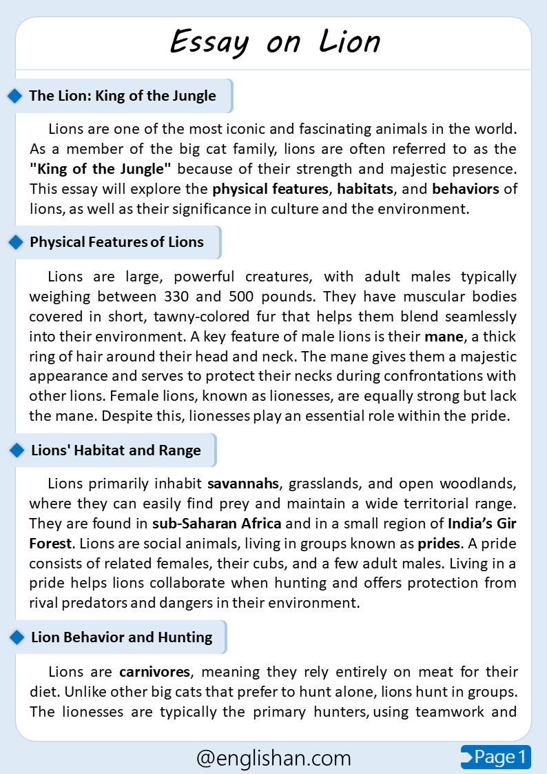 Lion Essay – 10 Lines, 250 Words, and 500 Words