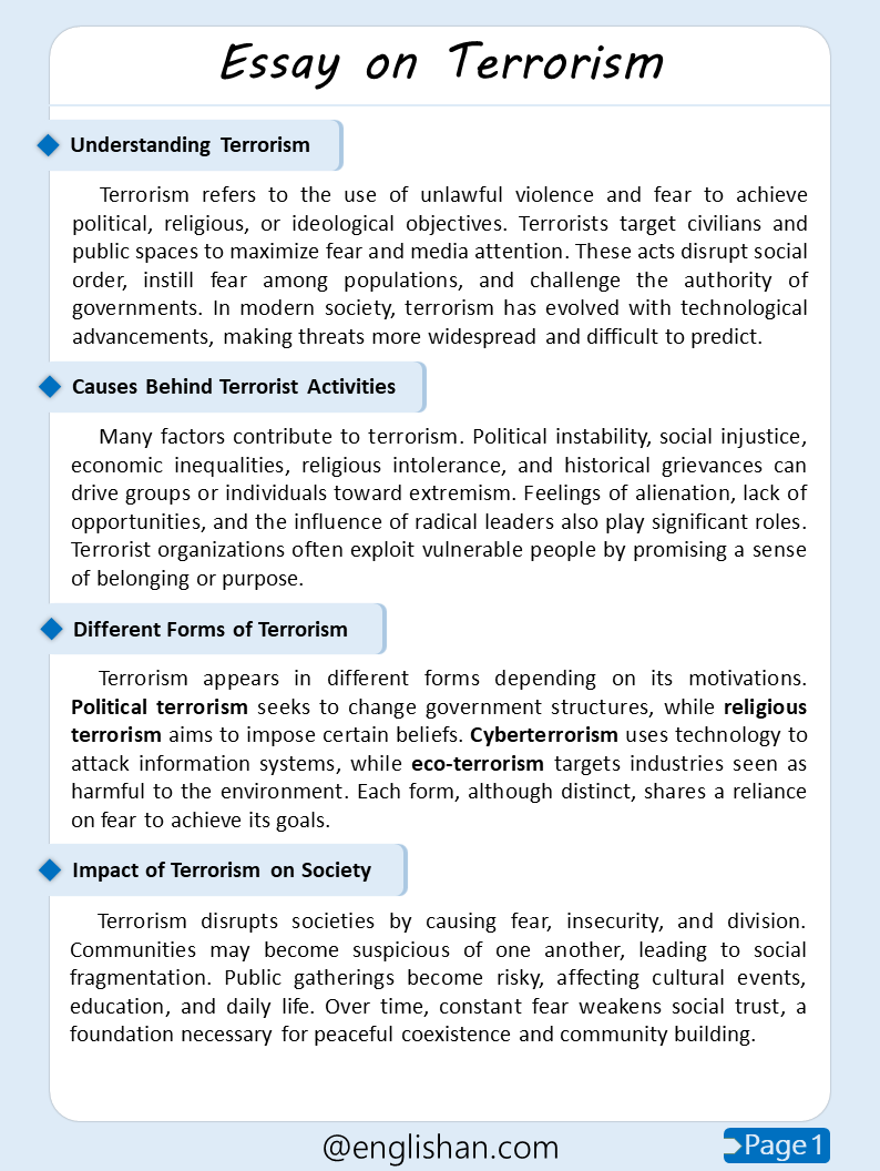Terrorism Essay – 10 Lines, 250 Words, and 500 Words