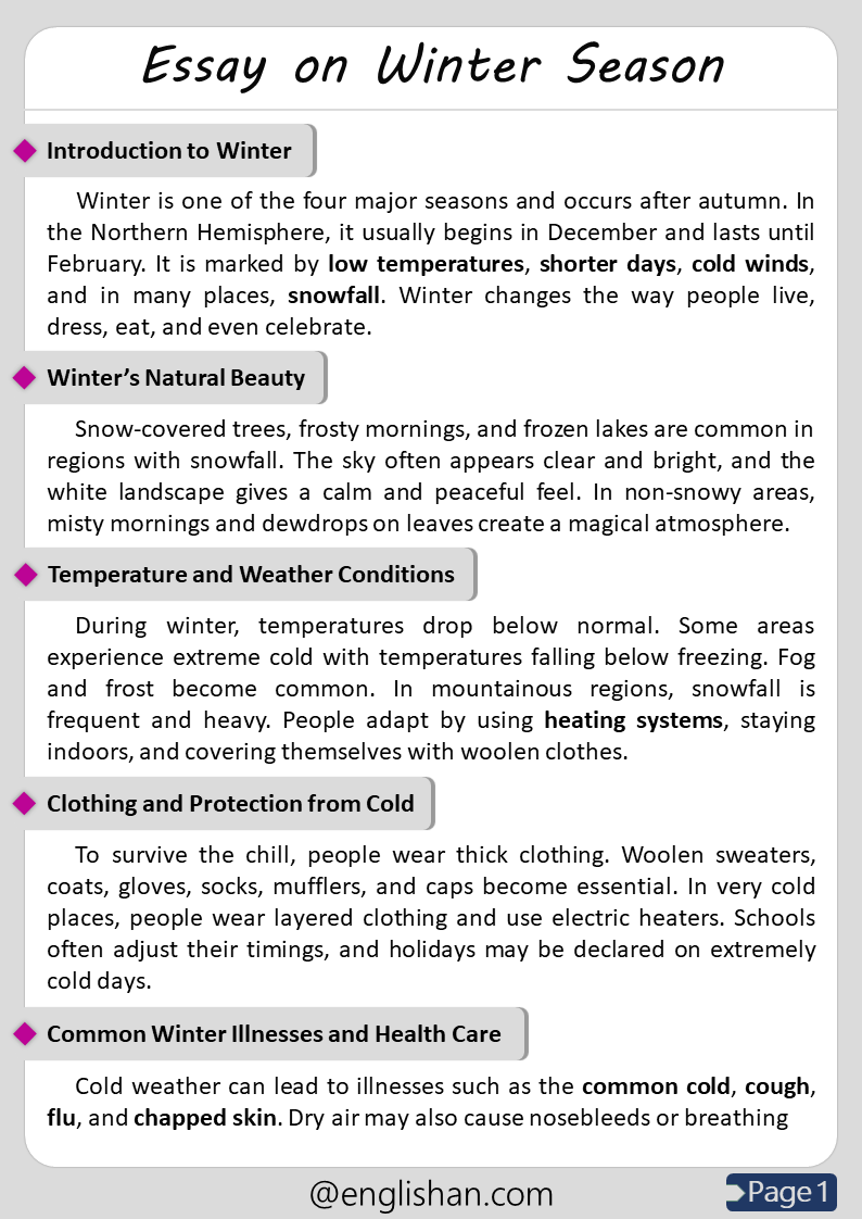 Winter Season Essay – 10 Lines, 250 Words, and 500 Words