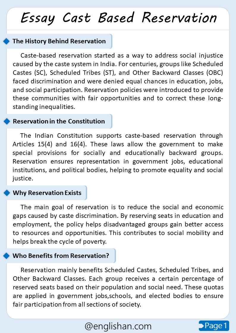 Caste Based Reservation Essay – 10 Lines, and 500 Words