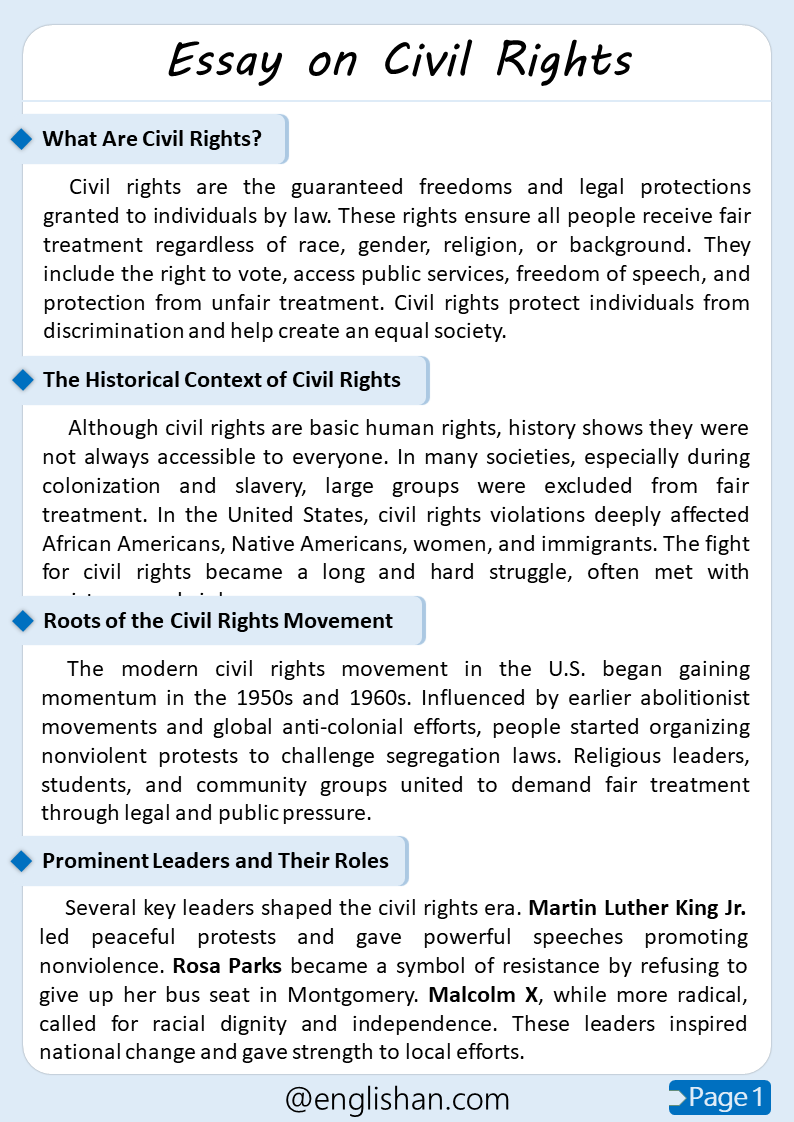 Civil Rights Essay – 10 Lines, 250 Words, and 500 Words