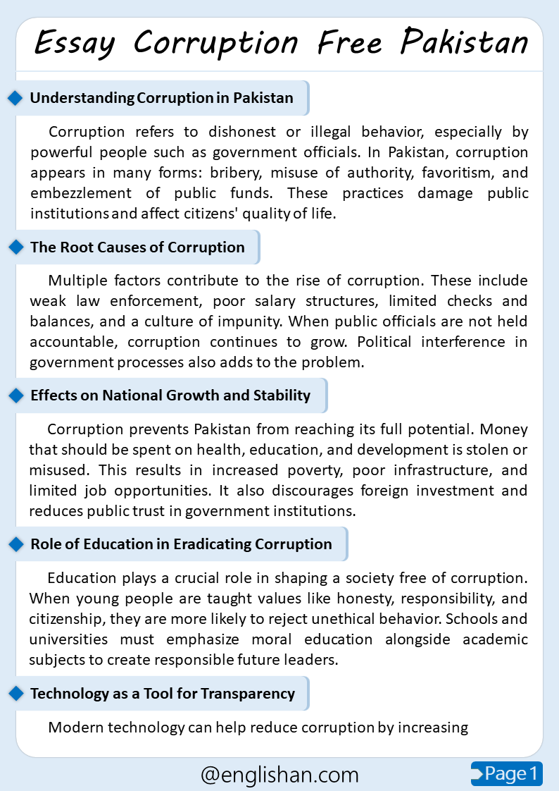 Corruption Free Pakistan Essay – 10 Lines, and 500 Words