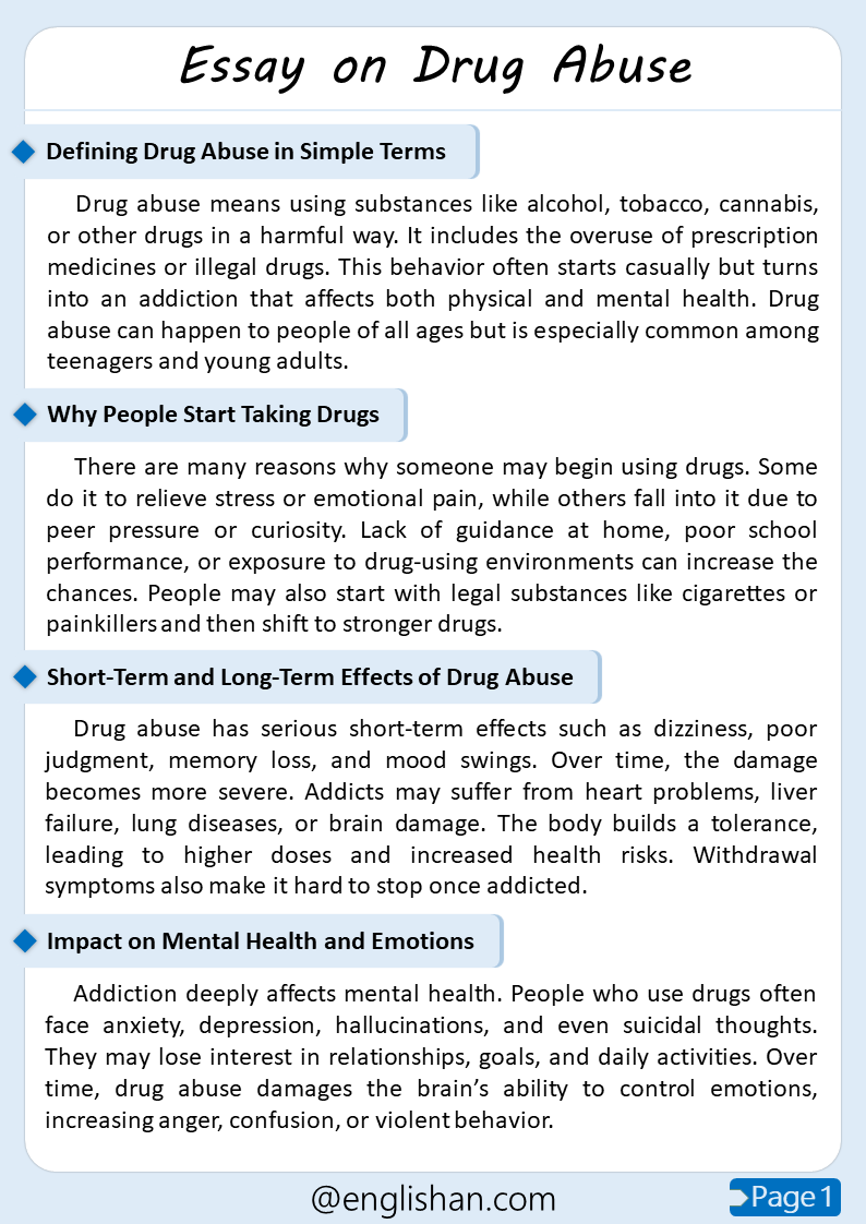 Drug Abuse Essay – 10 Lines, 250 Words, and 500 Words