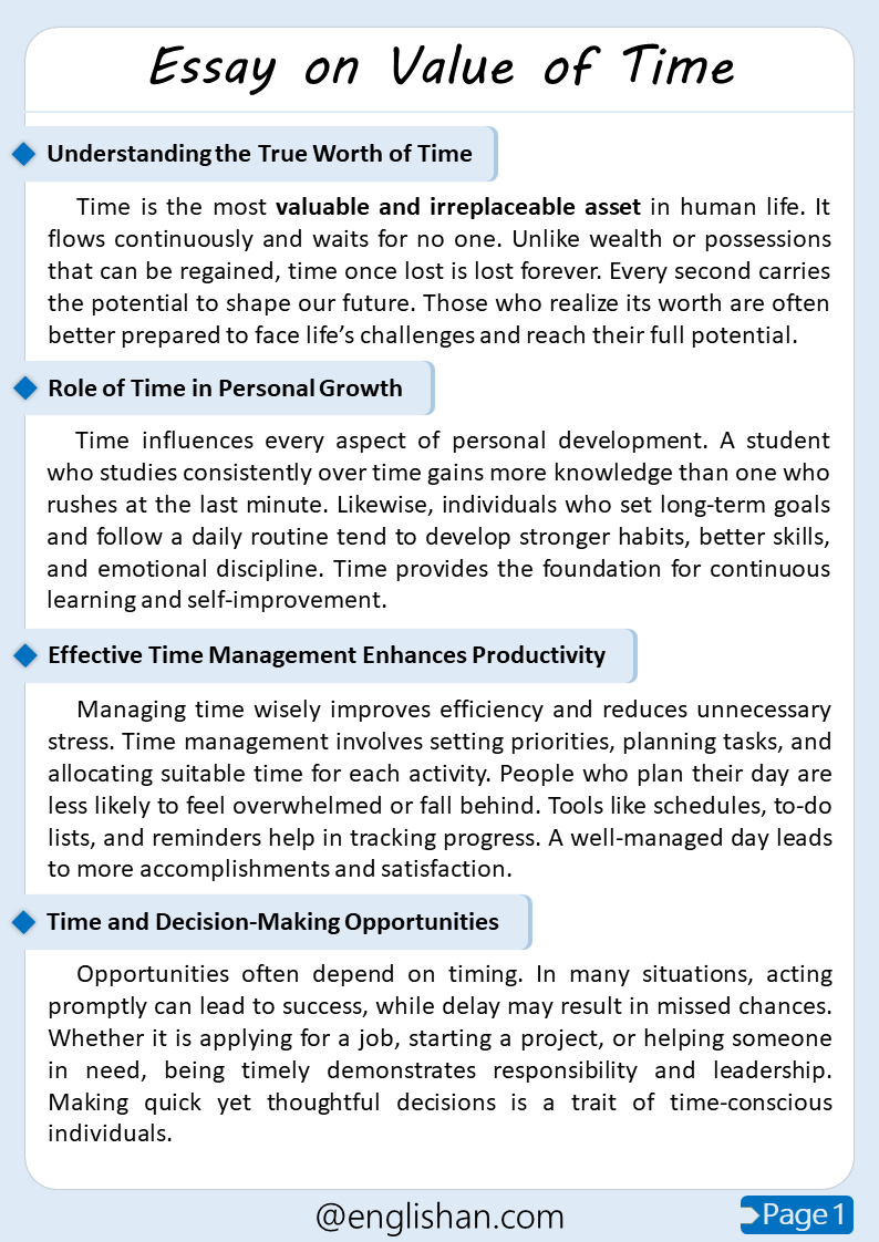 Value of Time Essay – 10 Lines, 250 Words, and 500 Words