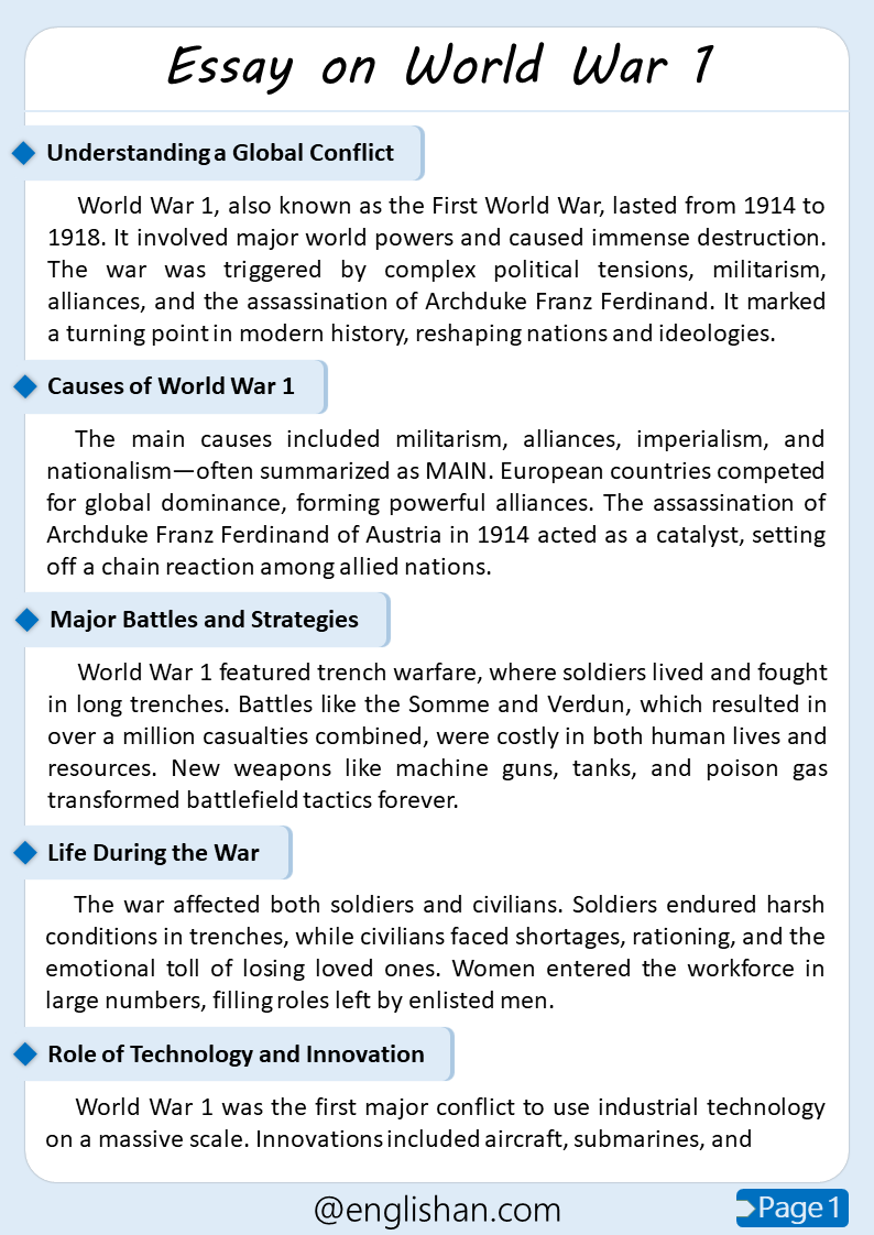 World War 1 Essay – 10 Lines, 250 Words, and 500 Words