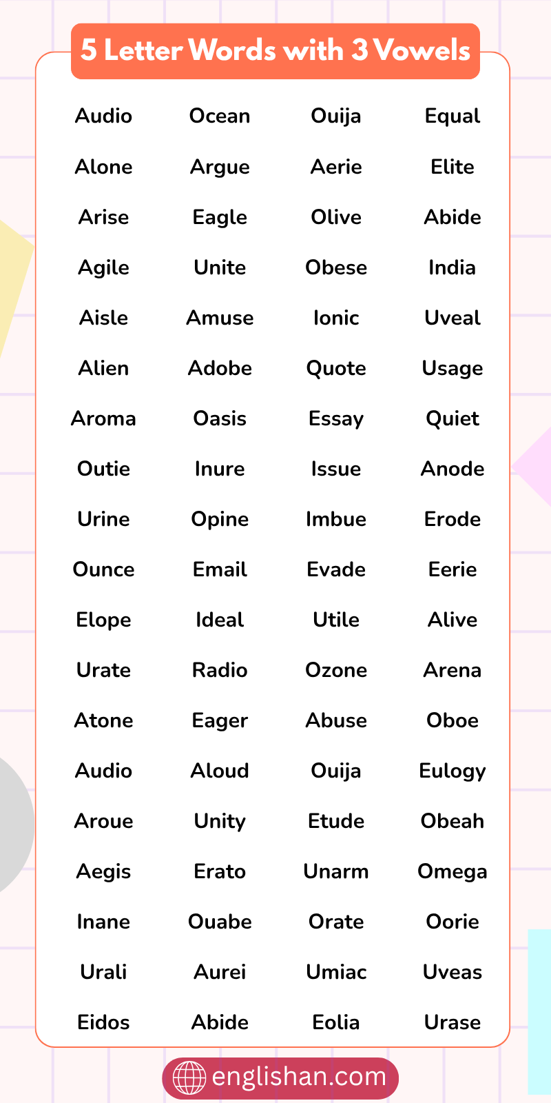 5 Letter Words with 3 Vowels – complete List