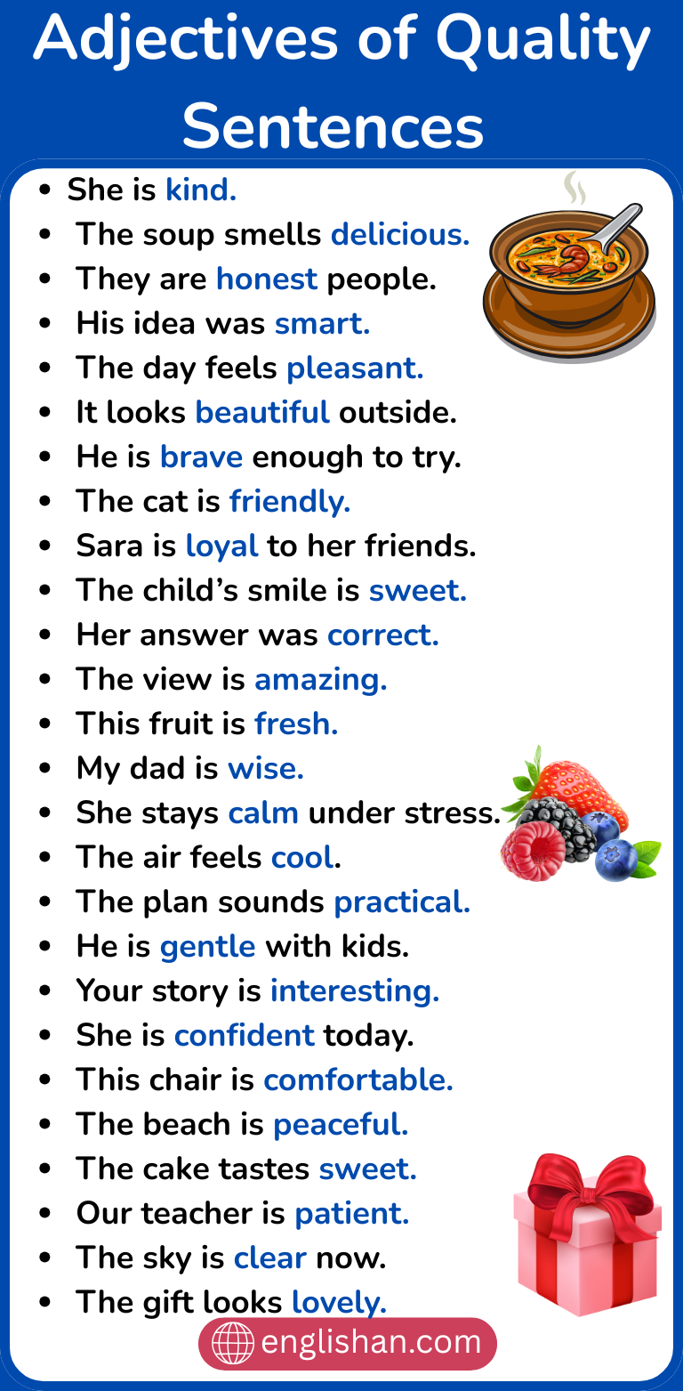 Adjective of Quality Sentences: 100 Complete Examples List