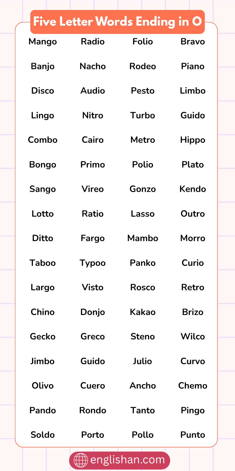 Five Letter Words Ending in O – Comprehensive Chart of O Words
