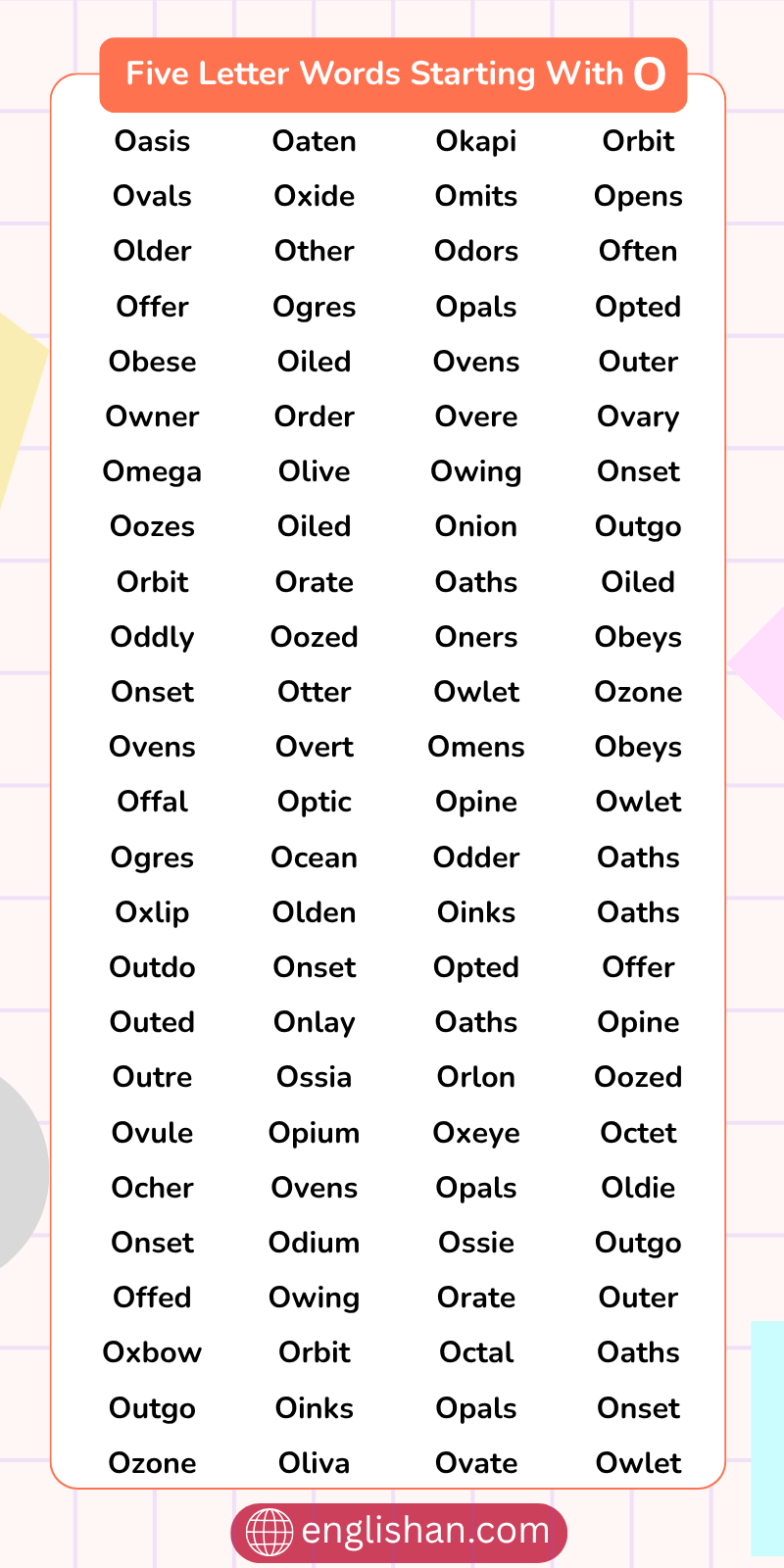 100 Five Letter Words Starting with O - Complete List