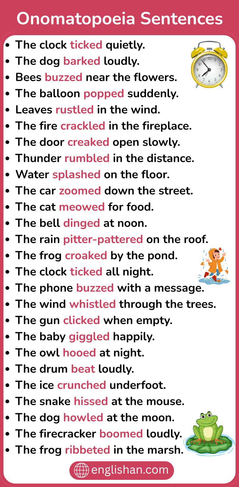Onomatopoeia Sentences: 100 Useful Examples List