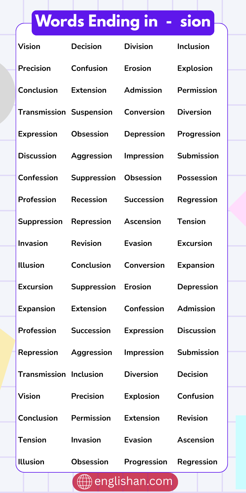 Words Ending in Sion – 166 English Vocabulary Words
