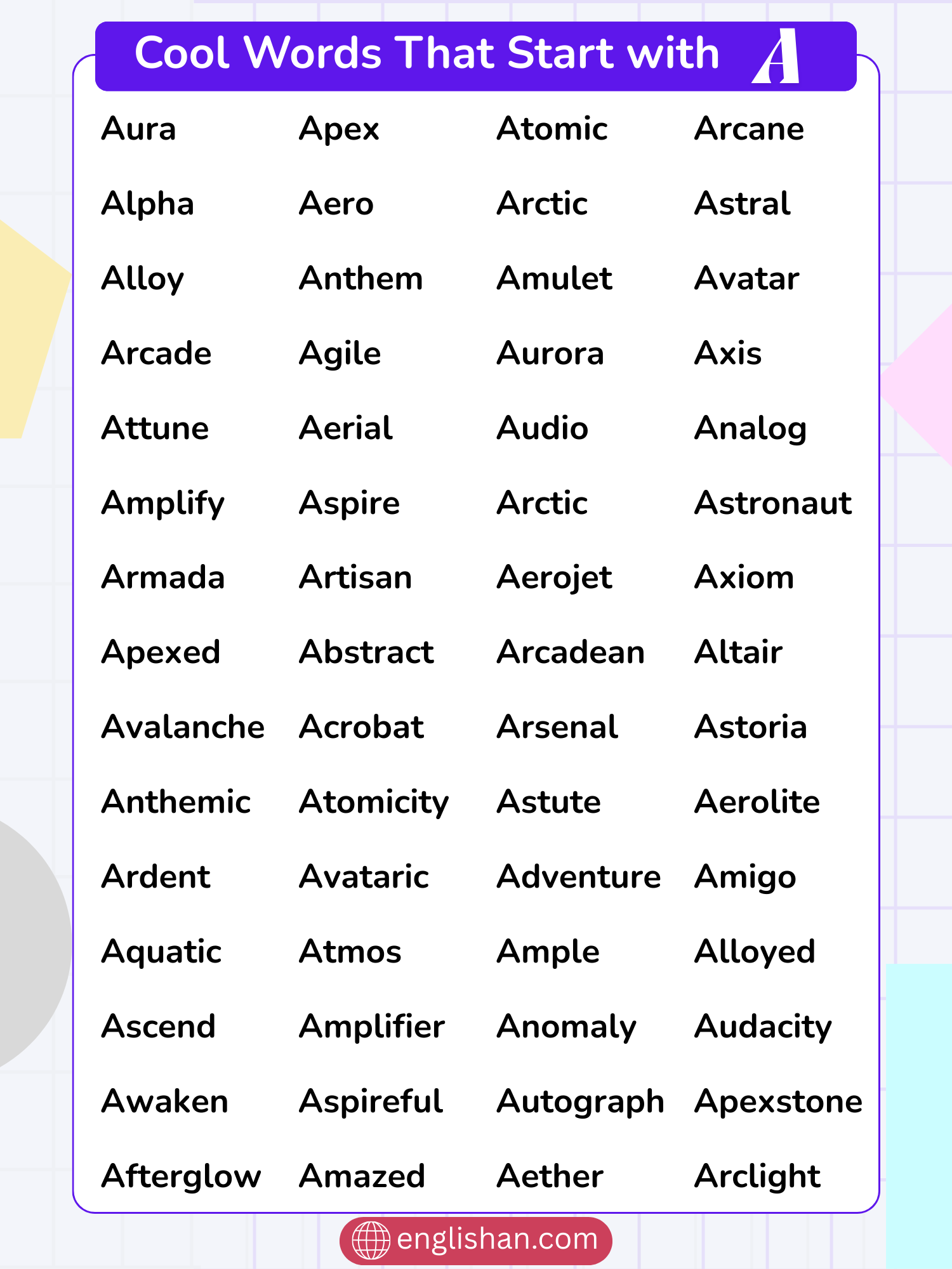 Cool Words That Start with A – Extensive 150+ Words List