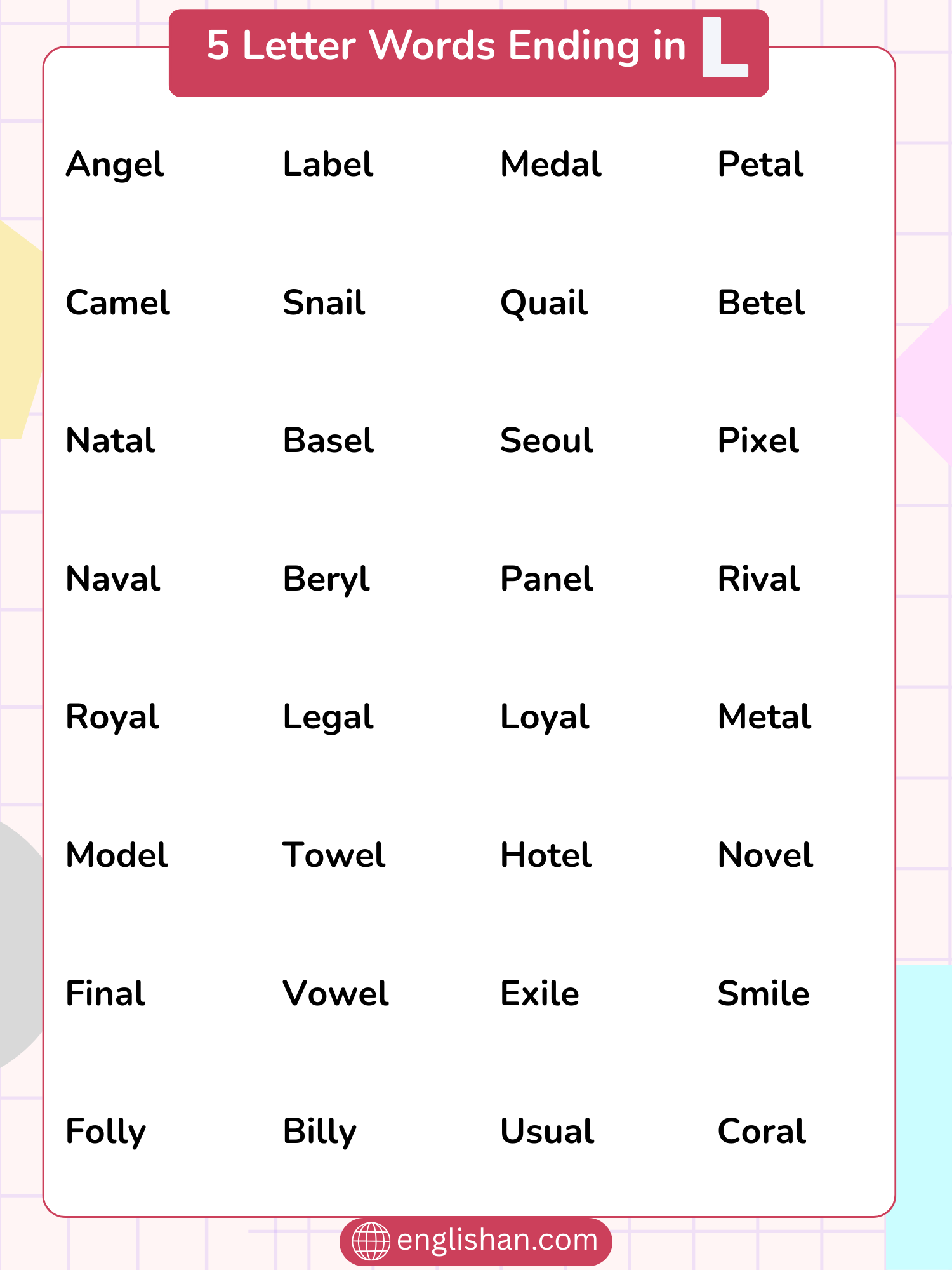 Comprehensive 50 Five Letter Words Ending in L in English