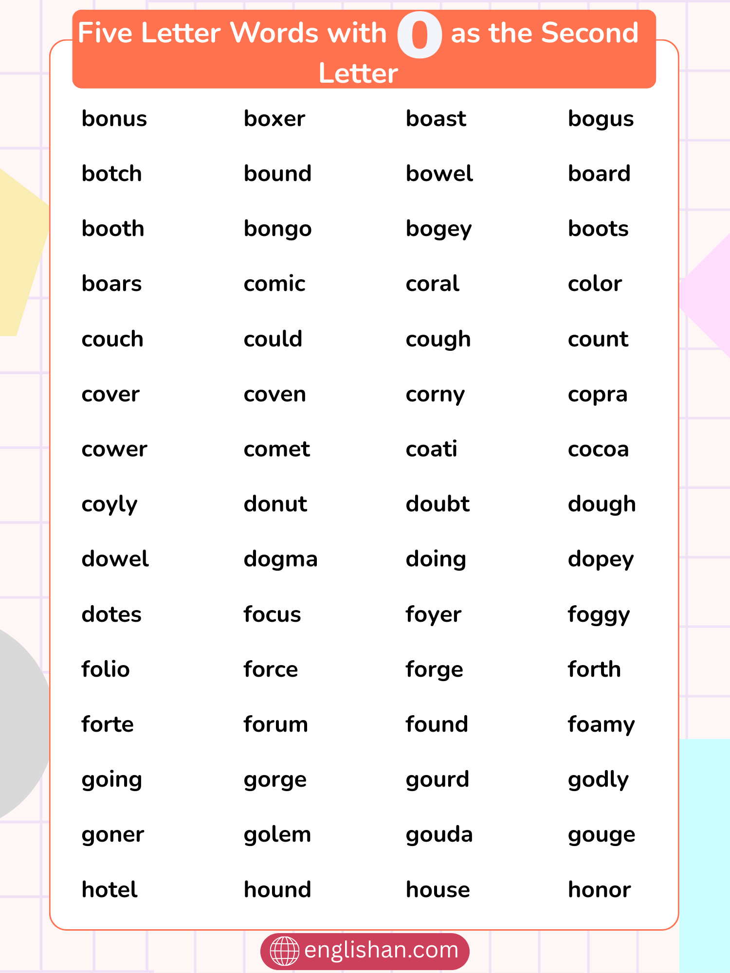 380 Five Letter Words with O as the Second Letter in English