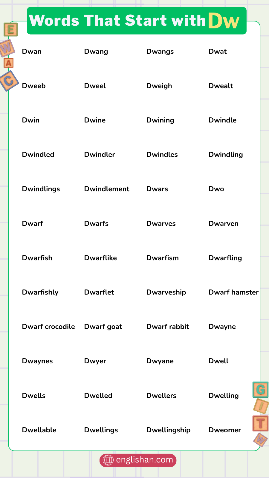 310 Words That Start with DW – Full English List
