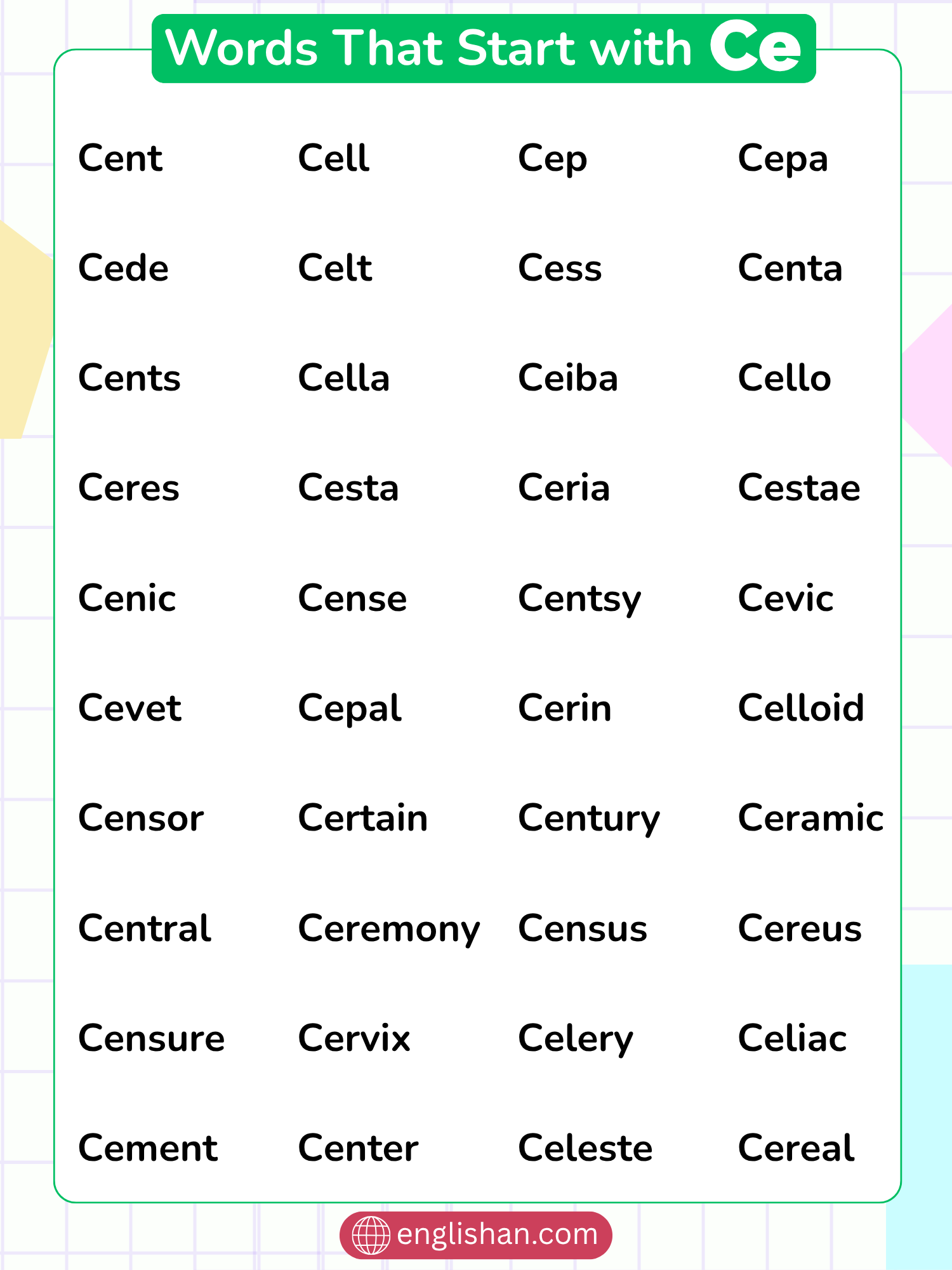 Words That Start with Ce – List of 250 Ce Words in English