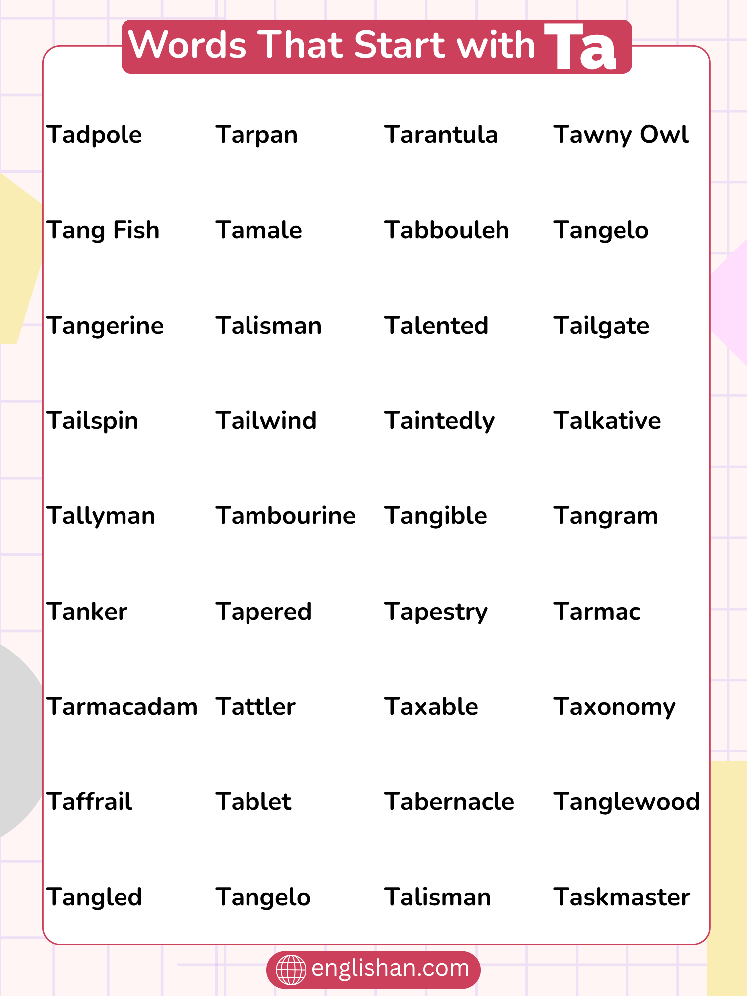 List of 300 Words That Start with TA in English