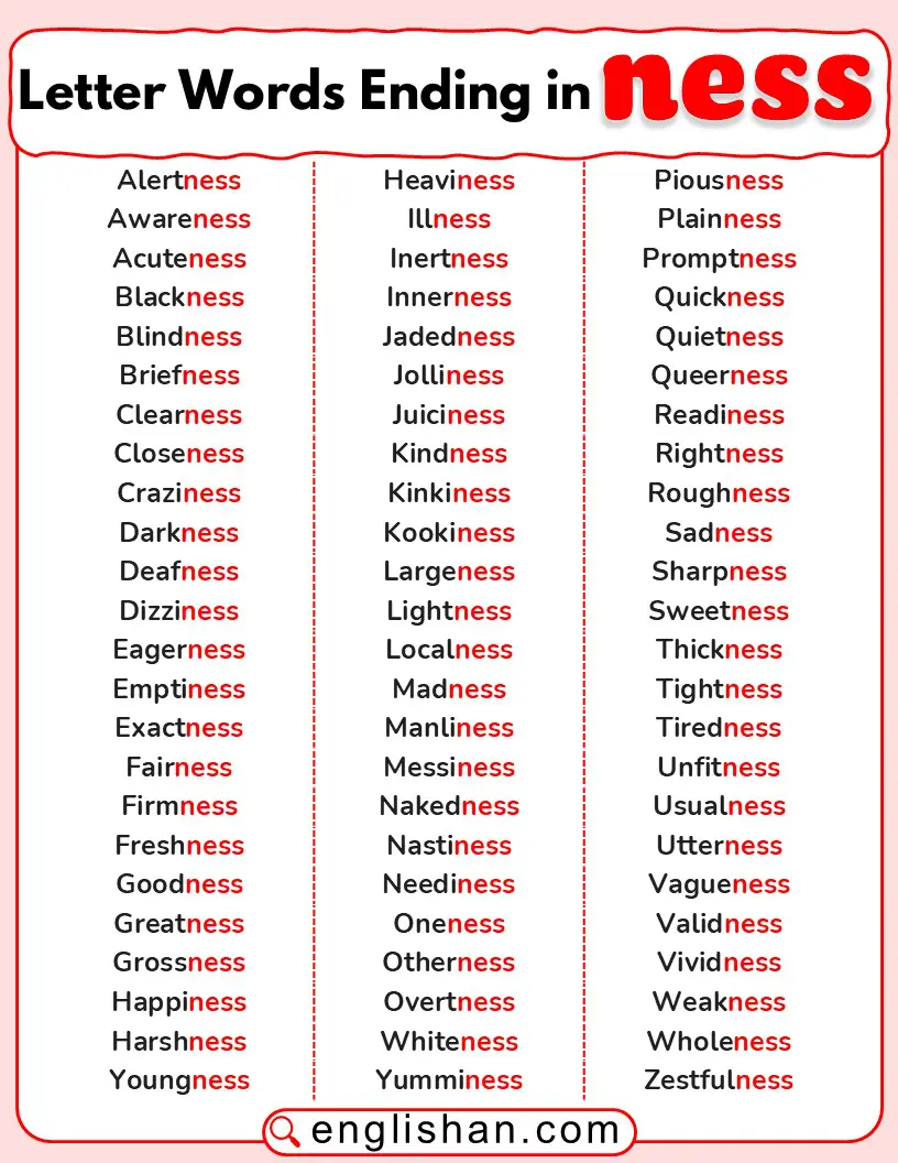 Words That End in NESS – Complete List Common & Useful Words