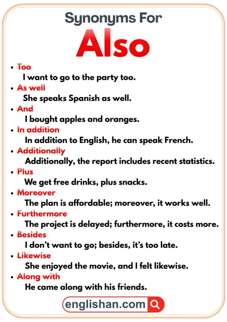 Synonyms for Also: Alternative Words to Use in Writing and Speech