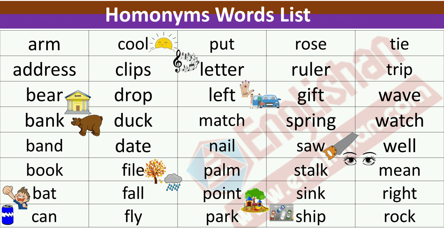 100 Homonym Words List with Sentences • Englishan