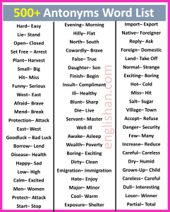 500 Common Antonym Words List • Englishan