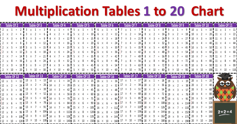 Multiplication Tables From 1 to 20 Chart