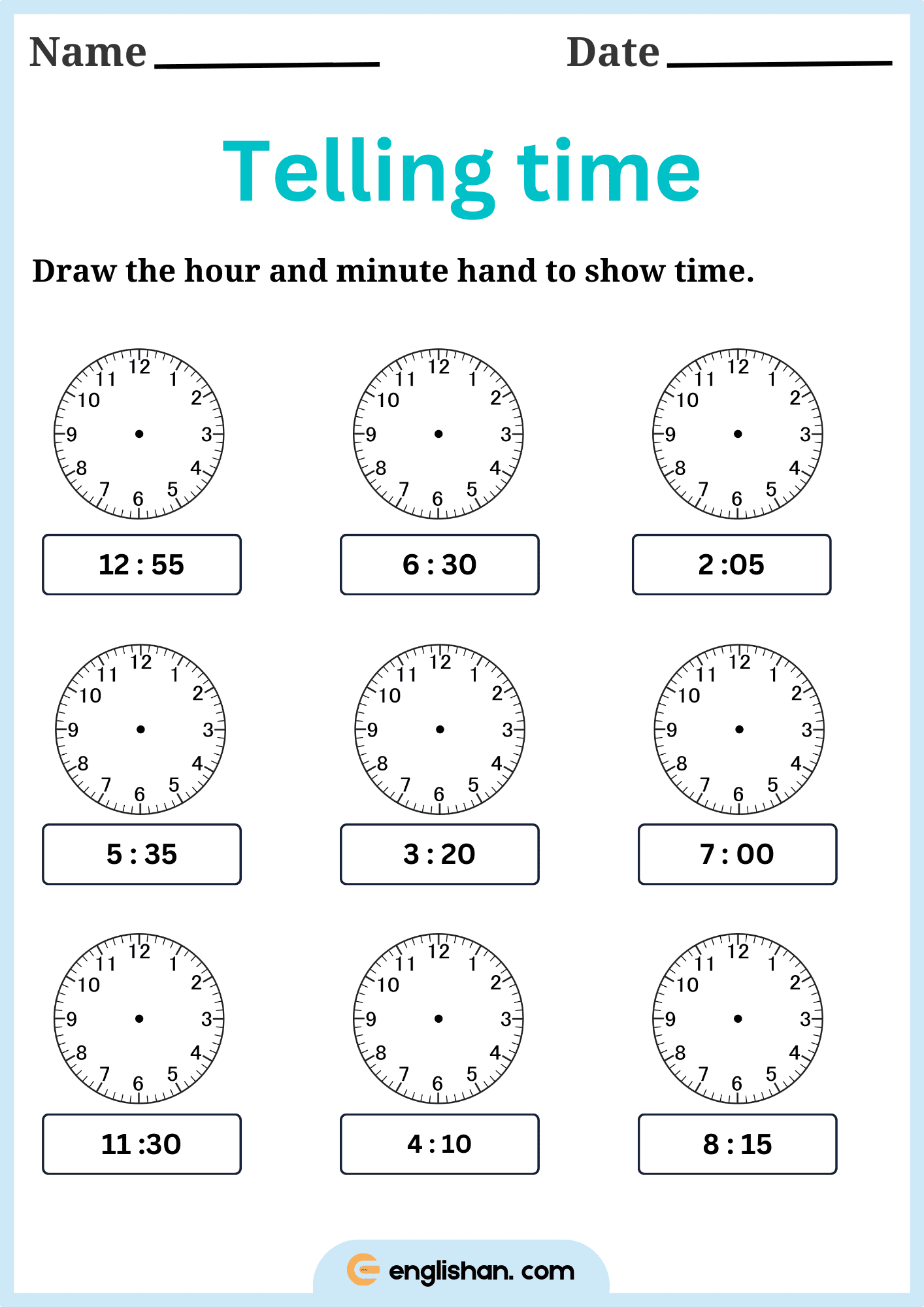 Telling Time Worksheets in English • Englishan