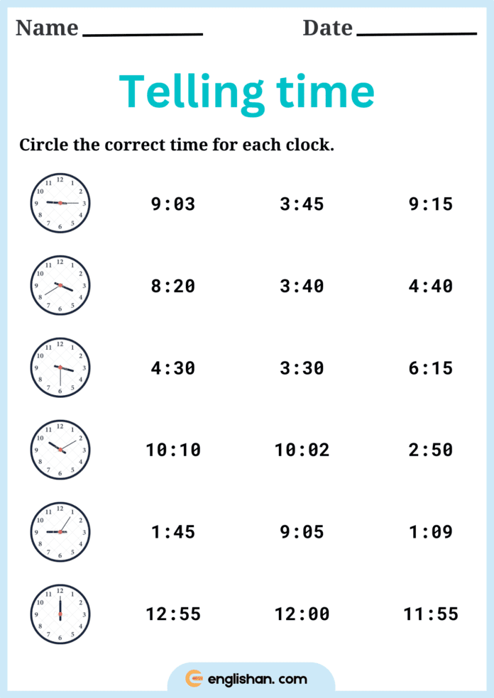 Telling Time Worksheets in English • Englishan