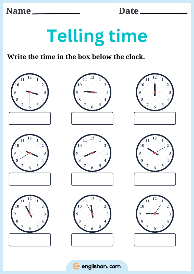 Telling Time Worksheets in English • Englishan