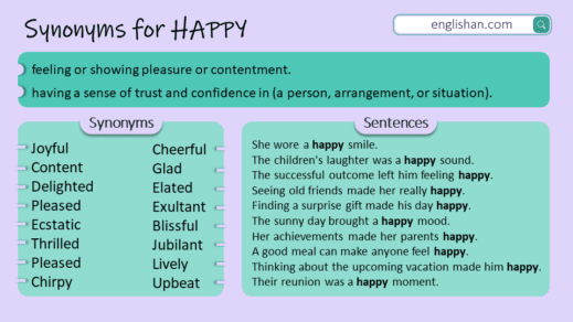 Synonyms for HAPPY with Example Sentences • Englishan