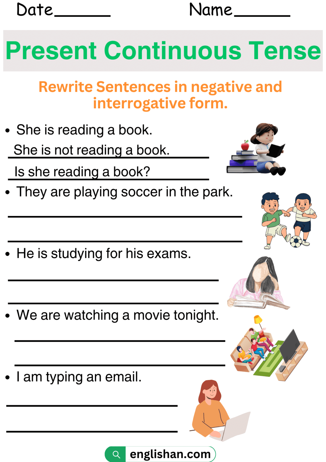 Present Continuous Tense Worksheets in English • Englishan
