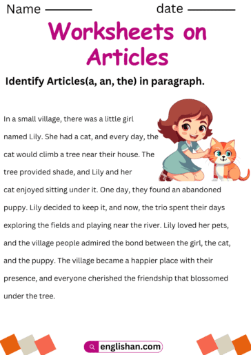 Worksheets on Articles: Use of a, an, the, in Sentences