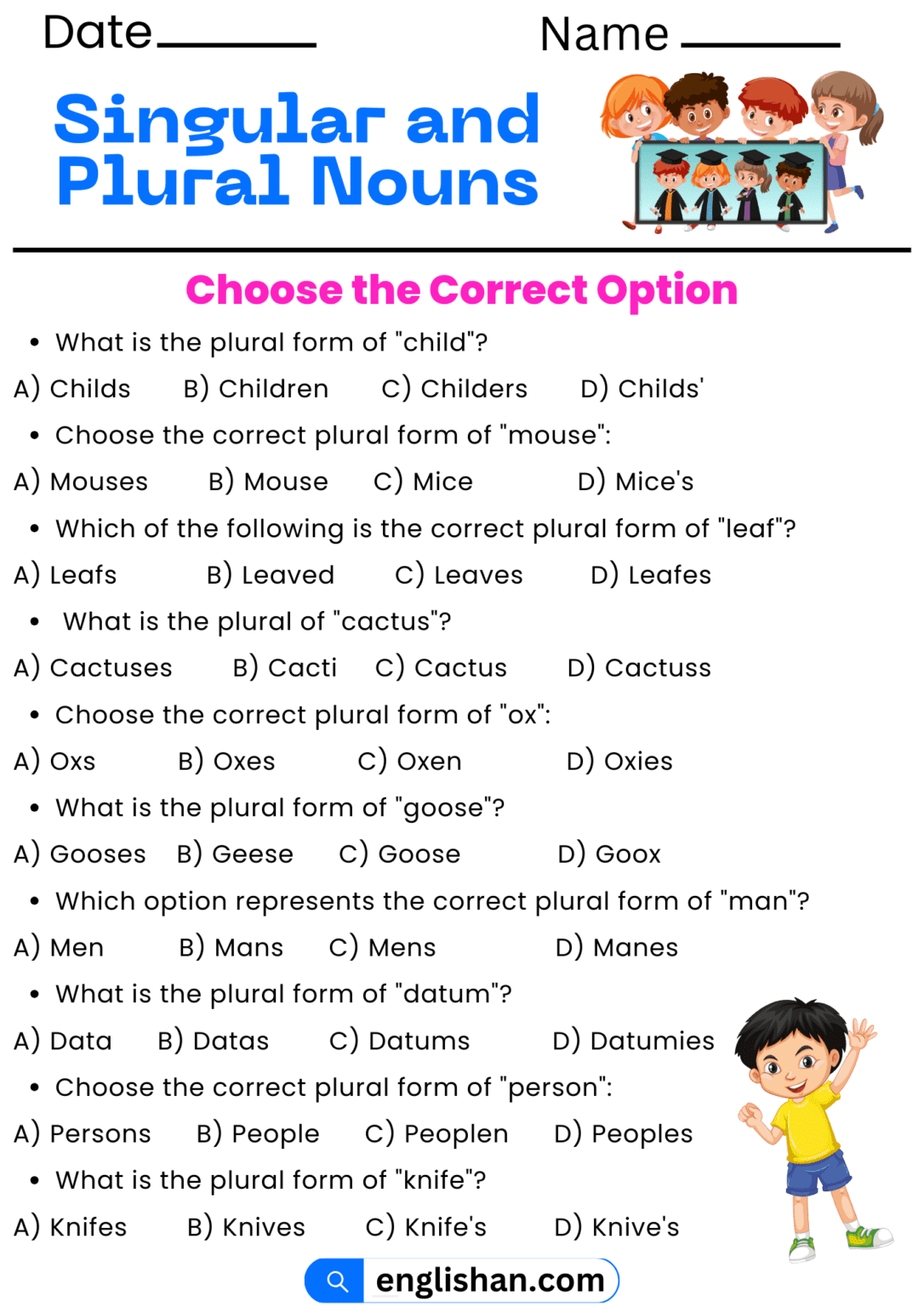 Singular and plural Nouns Worksheets and Exercises with Answers