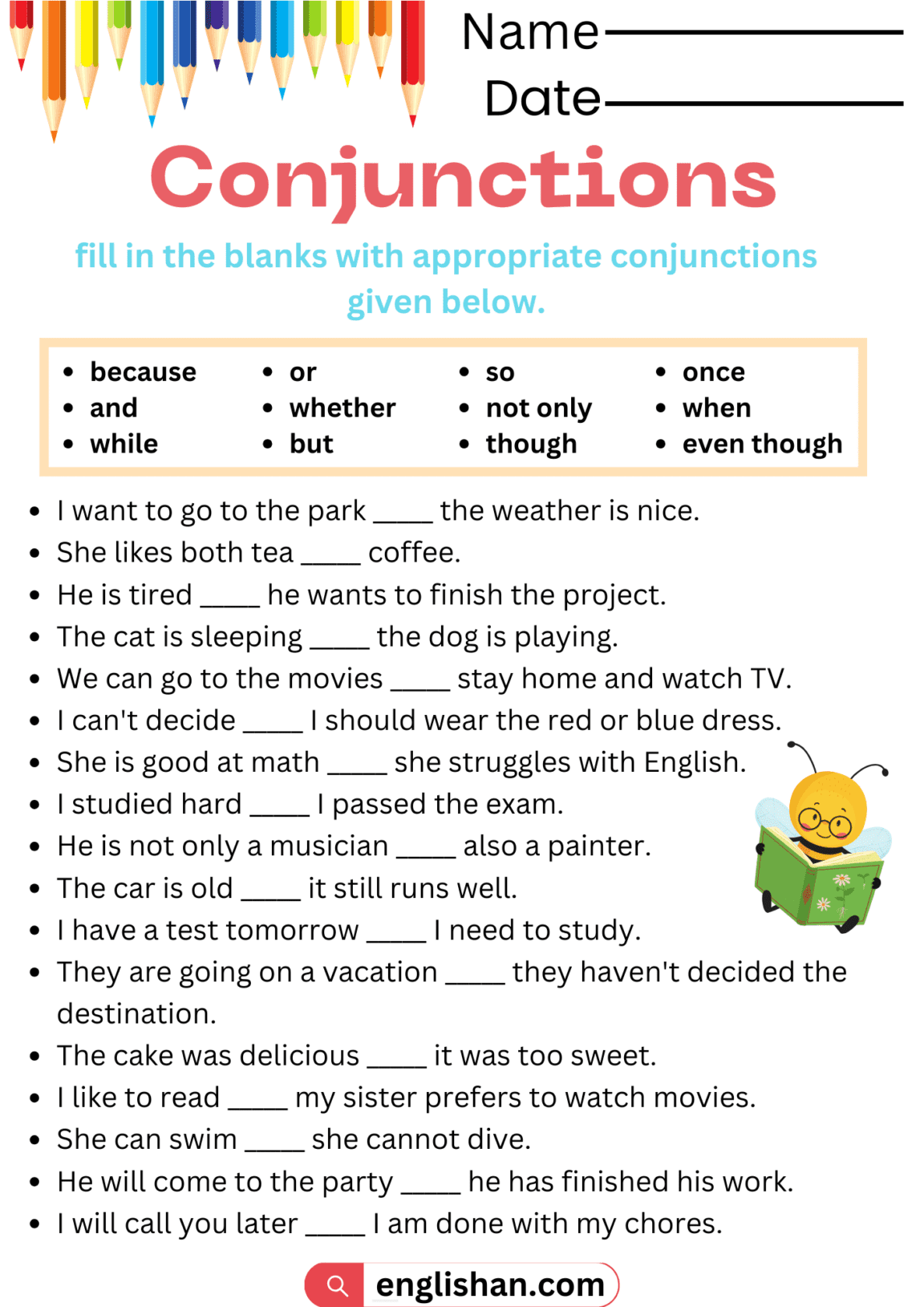 Conjunctions Worksheets And Exercises With Answers In English Englishan Conjunctions Worksheets And Exercises With Answers In English Englishan