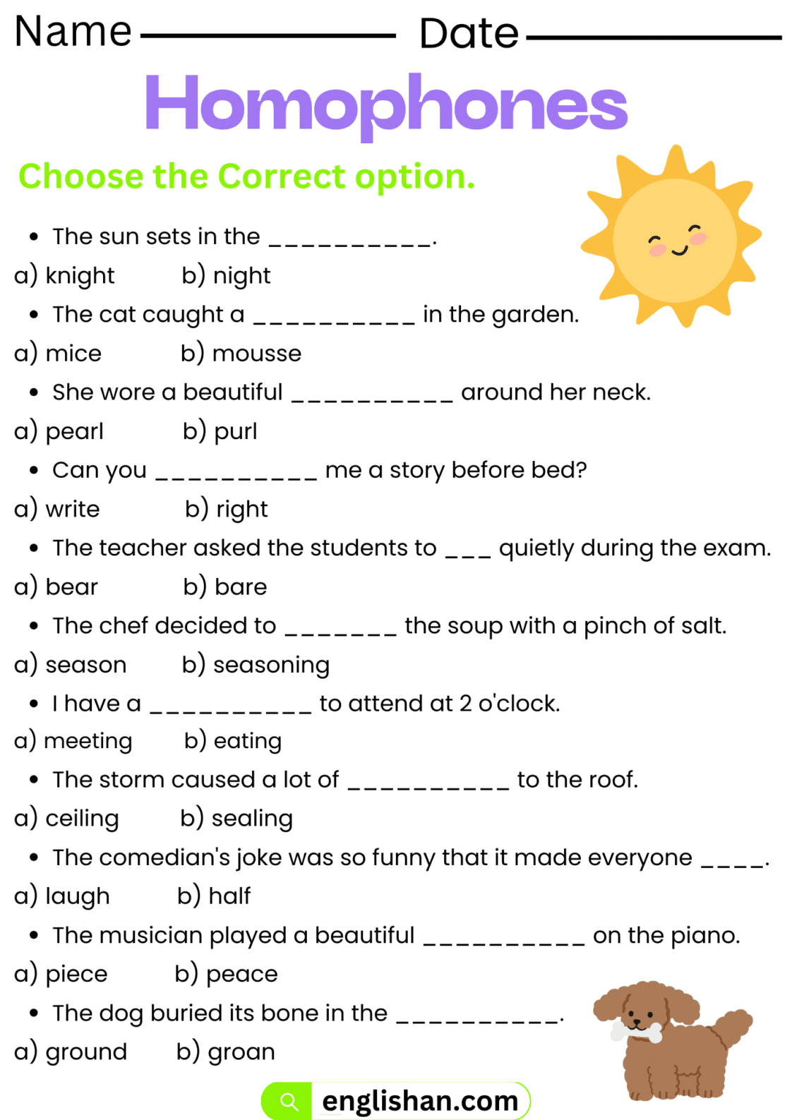 Homophones Worksheets and Exercises with Answers in English