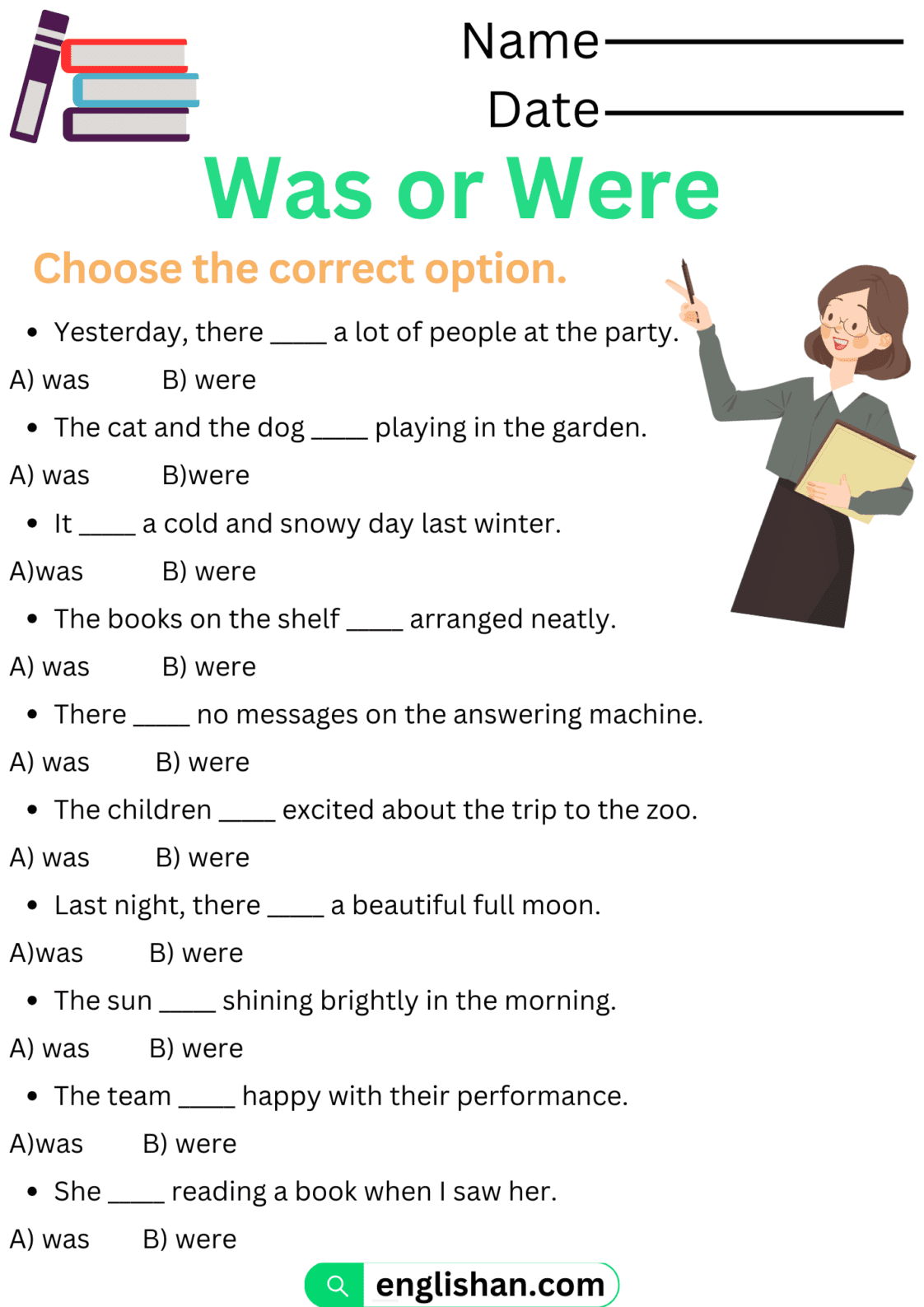 Was Were Worksheets and Exercises with Answers in English