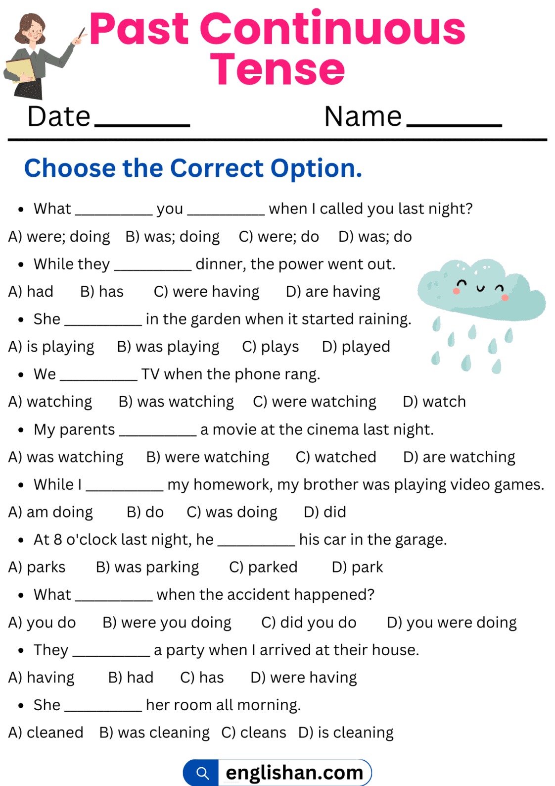 Past Continuous Tense Worksheets and Exercises with Answers