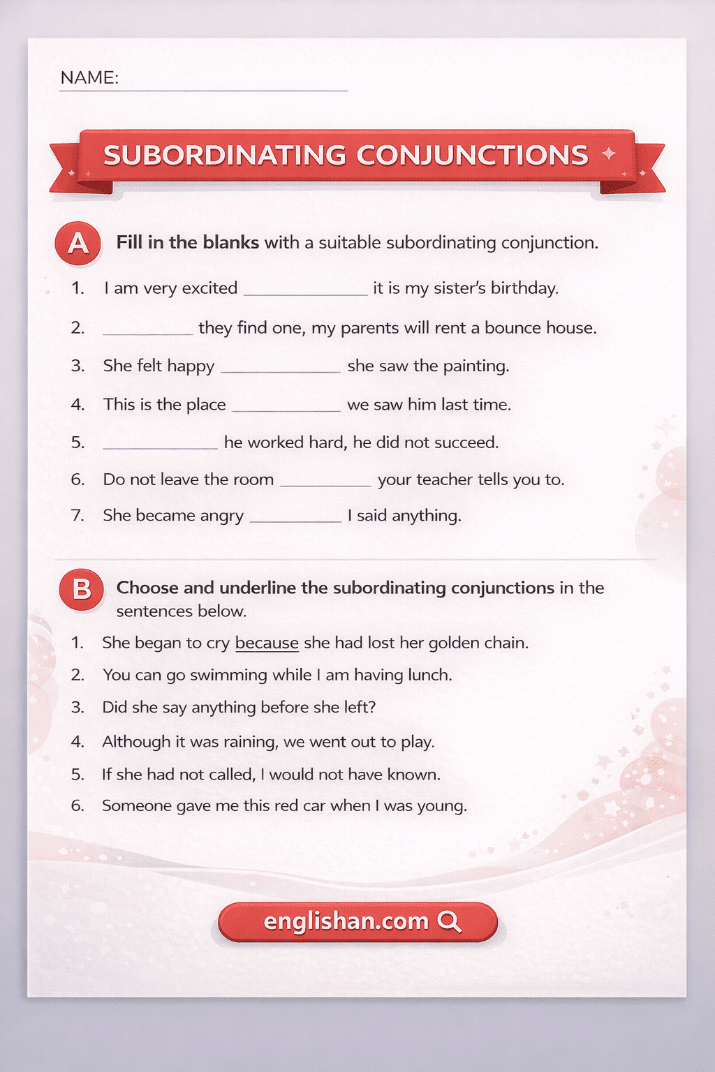 Subordinating Conjunctions Worksheets With Answers