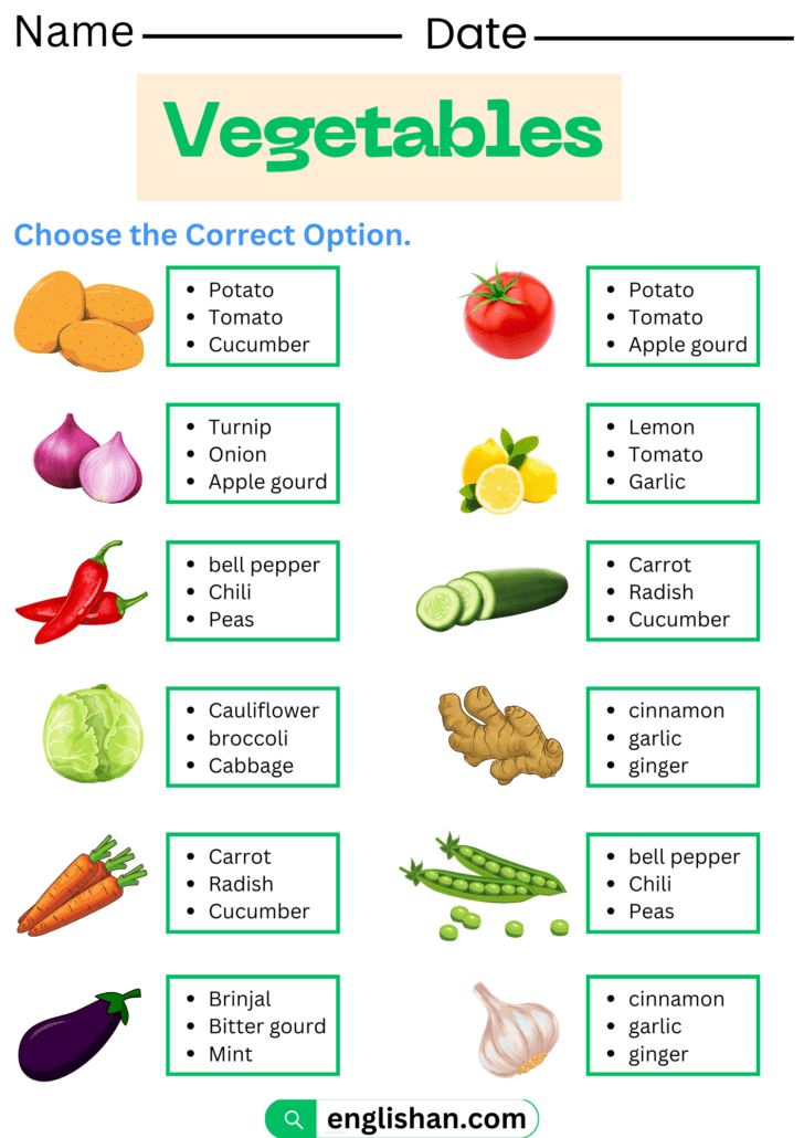 Vegetables Worksheets and Exercises with Answers in English • Englishan