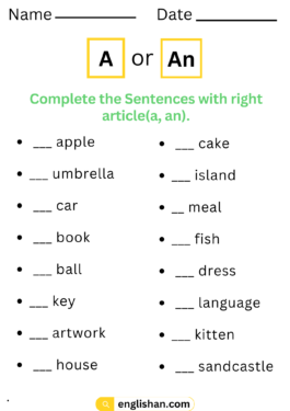 A or An Worksheets with Answers in English