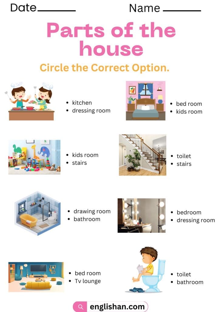 Parts of The House Worksheets and Exercises in English