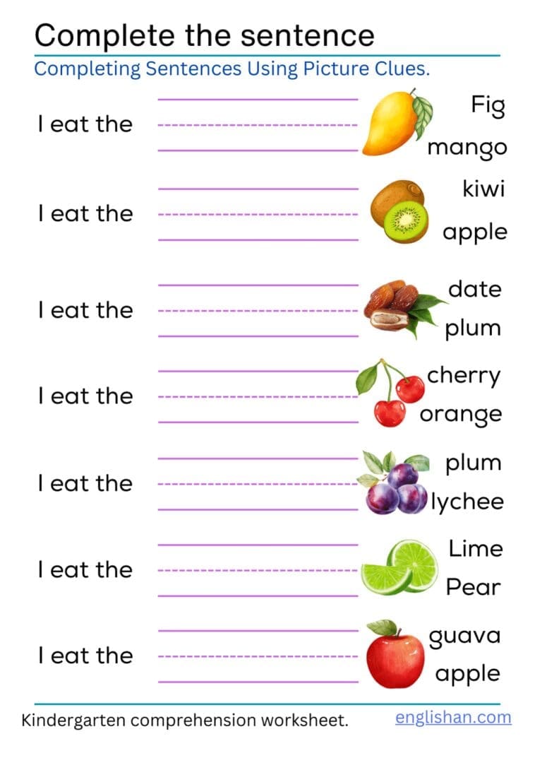 Complete the Sentence Worksheet for Kindergarten with Free PDF