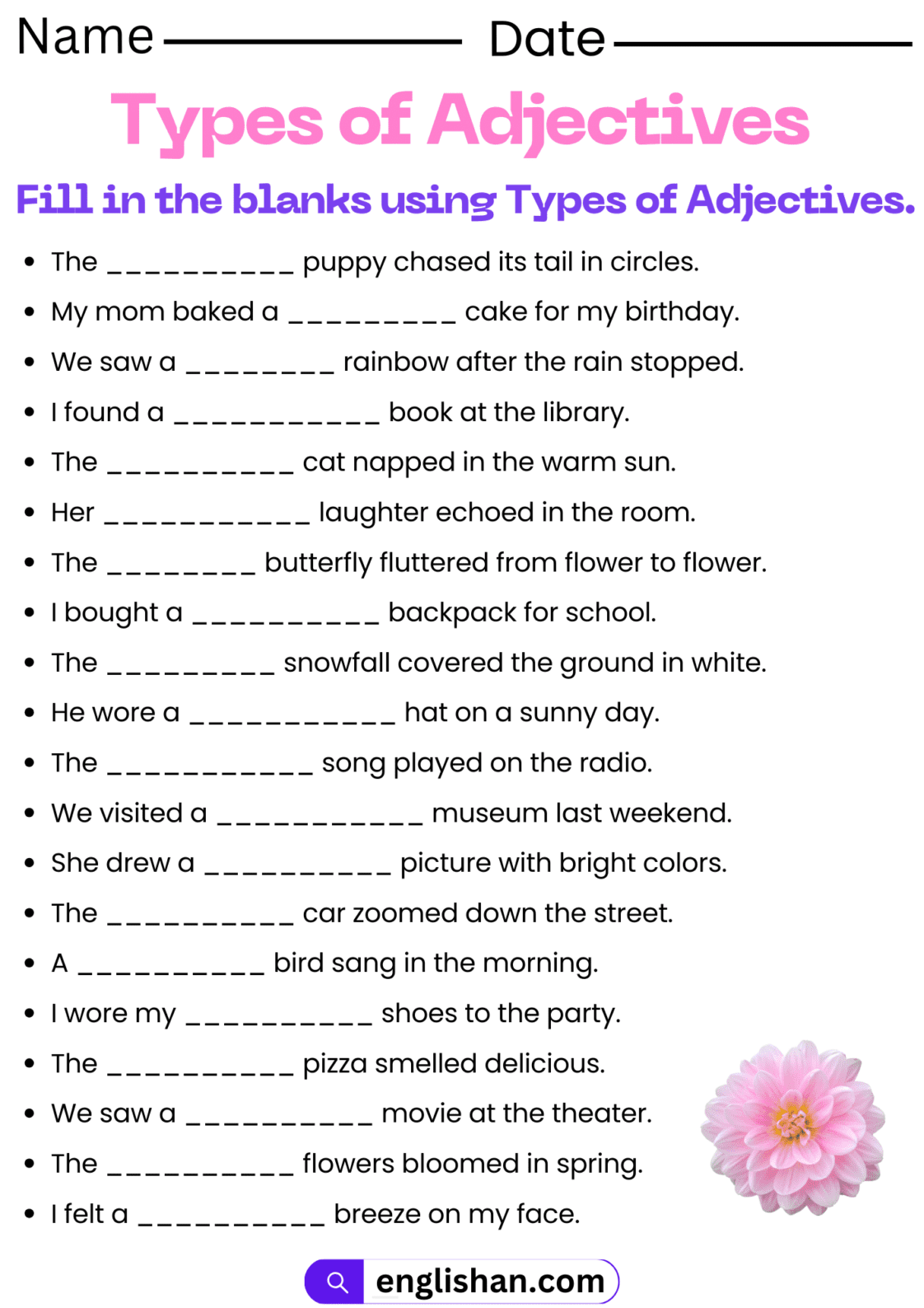 Types of Adjectives Worksheets and Exercises with Answers